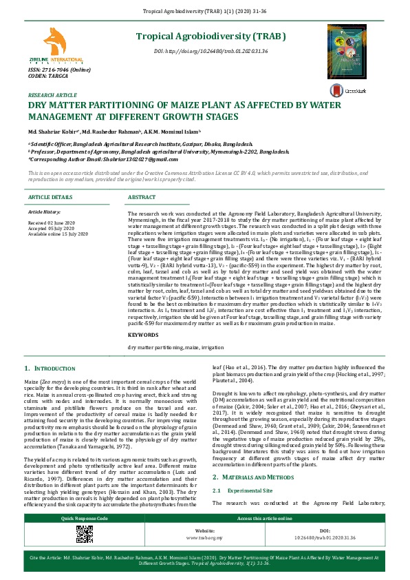 (PDF) Dry Matter Partitioning of Maize Plant as Affected by Water Management at Different Growth ...