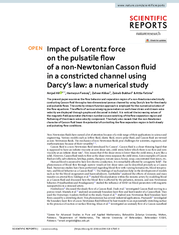 Pdf Impact Of Lorentz Force On The Pulsatile Flow Of A Non Newtonian Casson Fluid In A