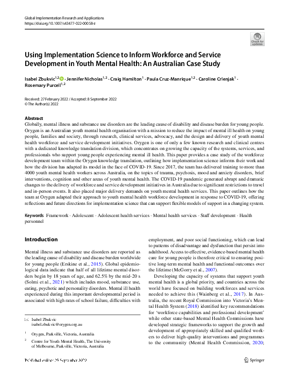 (PDF) Using Implementation Science to Inform Workforce and Service Development in Youth Mental ...