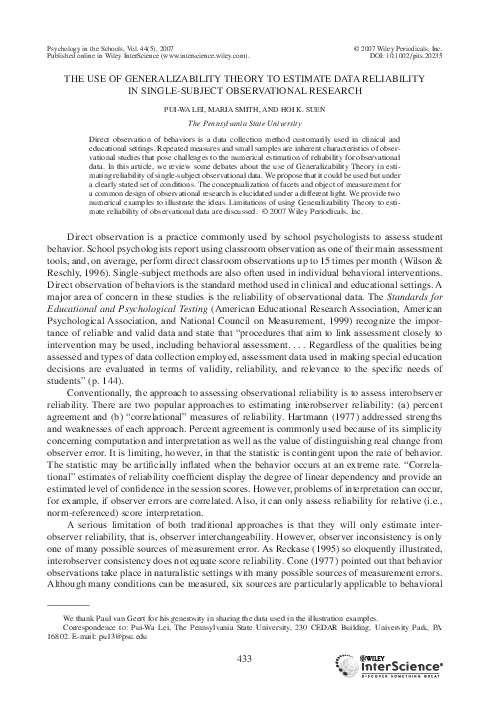 Pdf The Use Of Generalizability Theory To Estimate Data Reliability In Single Subject
