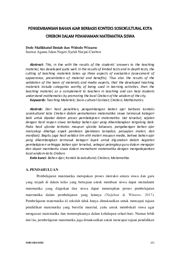 (PDF) Pengembangan Bahan Ajar Berbasis Konteks Sosiokultural Kota Cirebon Dalam Pemahaman ...