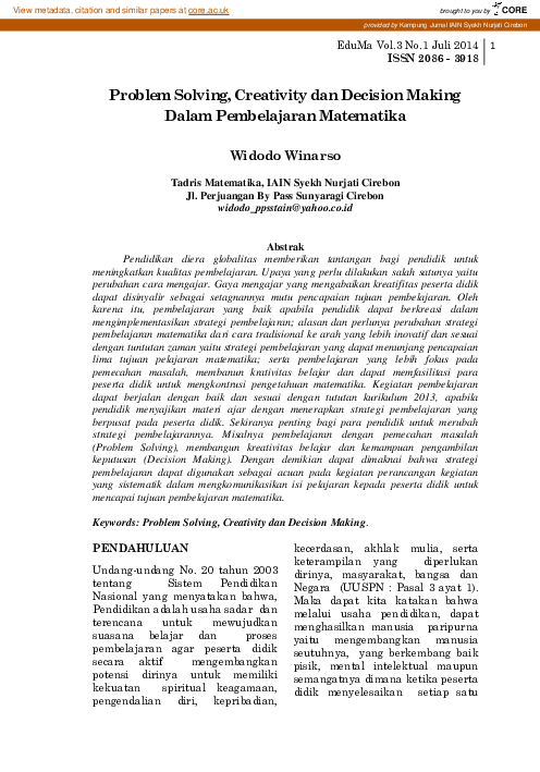 (PDF) Problem Solving, Creativity Dan Decision Making Dalam Pembelajaran Matematika