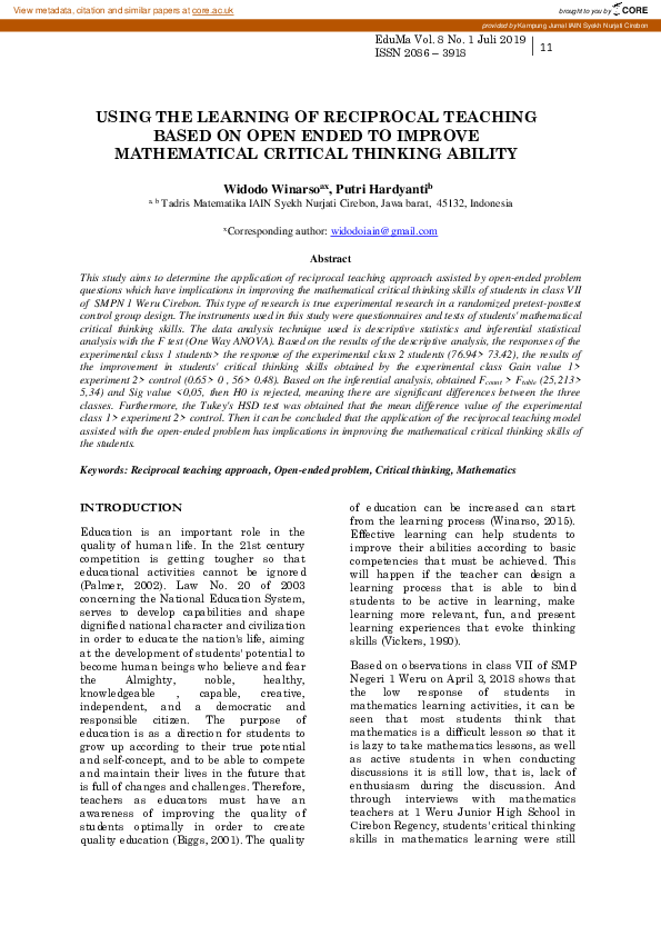 (PDF) Improving Mathematical Critical Thinking via Reciprocal Teaching
