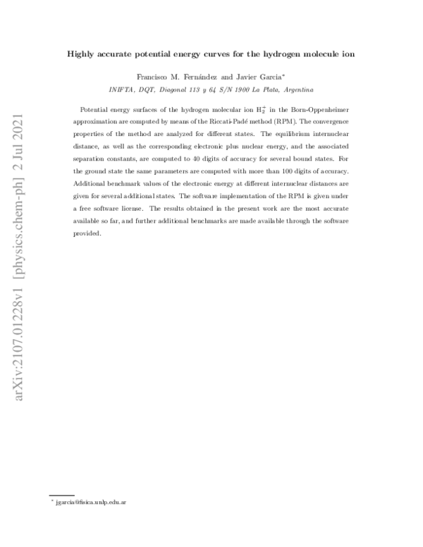 (PDF) Highly Accurate Potential Energy Curves for the Hydrogen ... (PDF) Highly Accurate Potential Energy Curves for the Hydrogen ...
