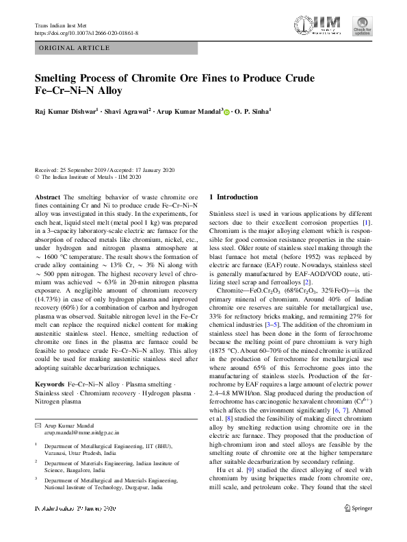 (PDF) Smelting Process of Chromite Ore Fines to Produce Crude Fe–Cr–Ni ...