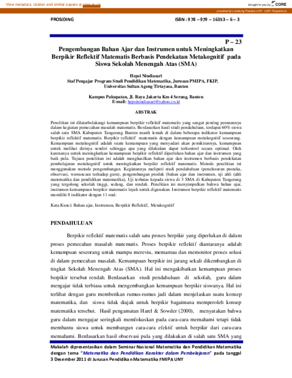 (PDF) Pengembangan Bahan Ajar dan Instrumen untuk Meningkatkan Berpikir Reflektif Matematis ...