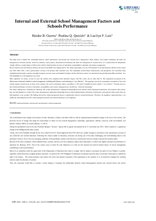 (PDF) Internal and External School Management Factors and Schools ...