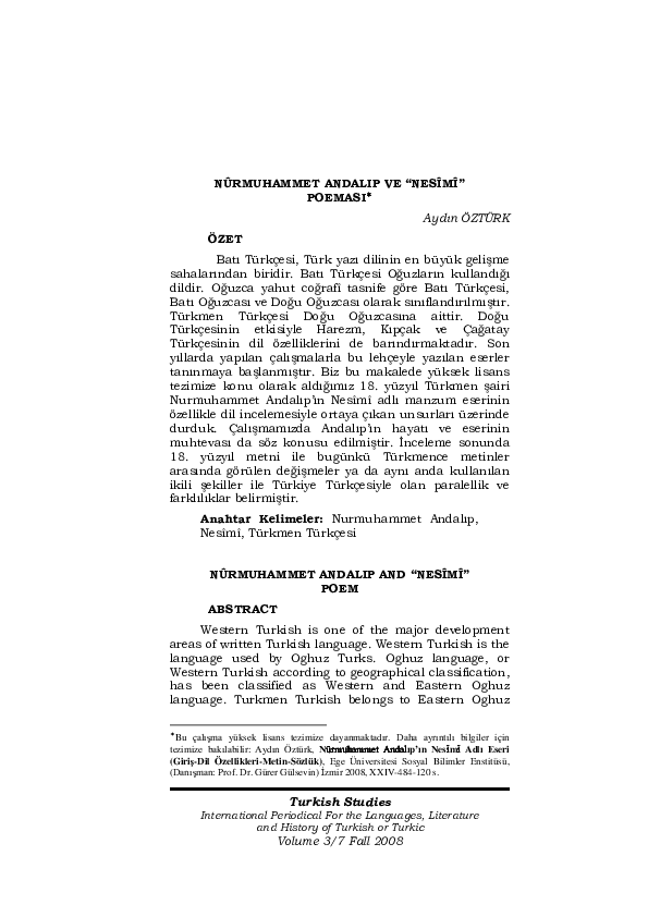 (PDF) Nûrmuhammet Andalıp And “Nesîmî” Poem | Aydın ÖZTÜRK - Academia.edu