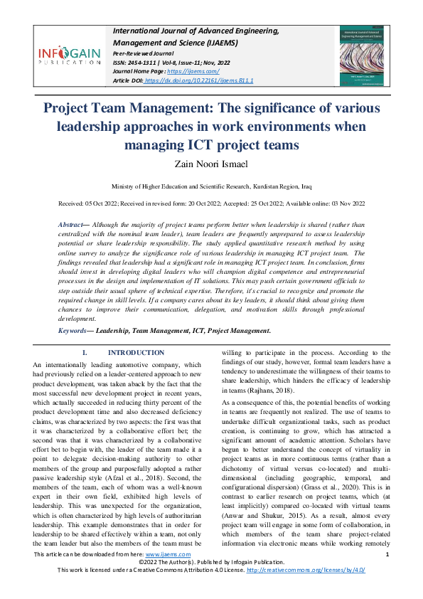 Pdf Project Team Management The Significance Of Various Leadership