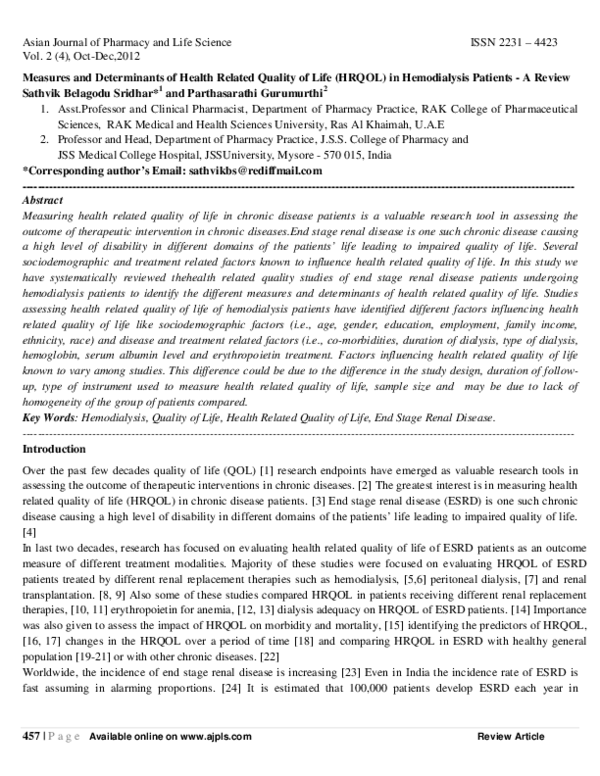 (PDF) Measures and Determinants of Health Related Quality of Life (HRQOL) in Hemodialysis ...