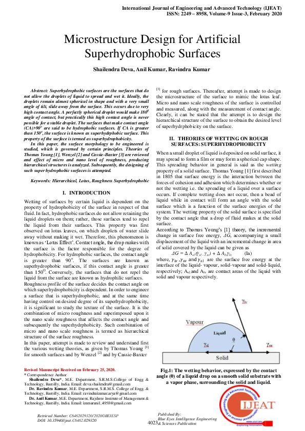 (PDF) Microstructure Design for Artificial Superhydrophobic Surfaces