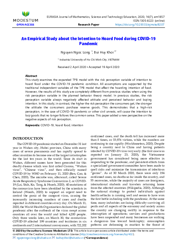 An Empirical Study about the Intention to Hoard Food during COVID-19 ...