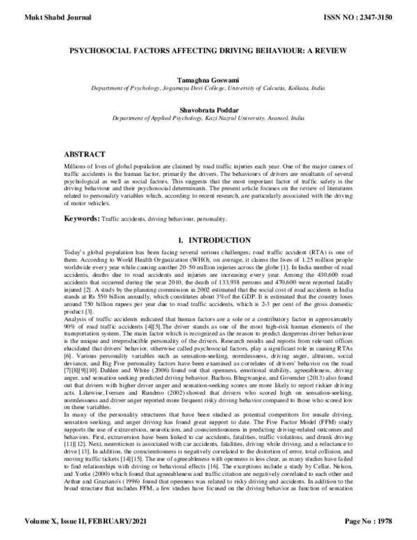 (PDF) PSYCHOSOCIAL FACTORS AFFECTING DRIVING BEHAVIOUR: A REVIEW