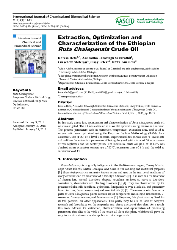 (PDF) Extraction , Optimization and Characterization of the Ethiopian Ruta Chalepensis Crude Oil