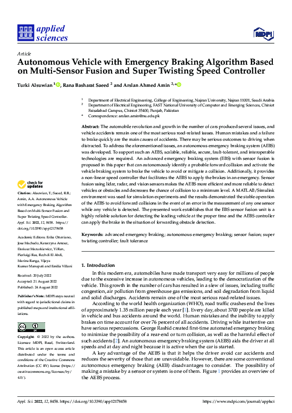 Pdf Autonomous Vehicle With Emergency Braking Algorithm Based On