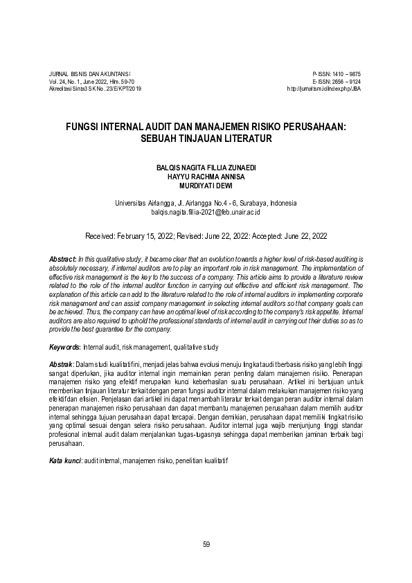 (PDF) Fungsi Internal Audit Dan Manajemen Risiko Perusahaan: Sebuah ...