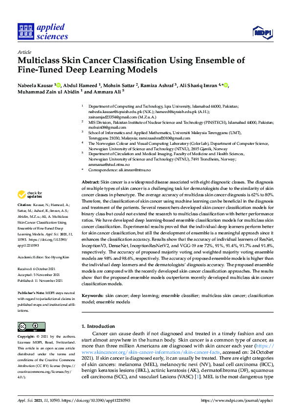 Pdf Multiclass Skin Cancer Classification Using Ensemble Of Fine Tuned Deep Learning Models 