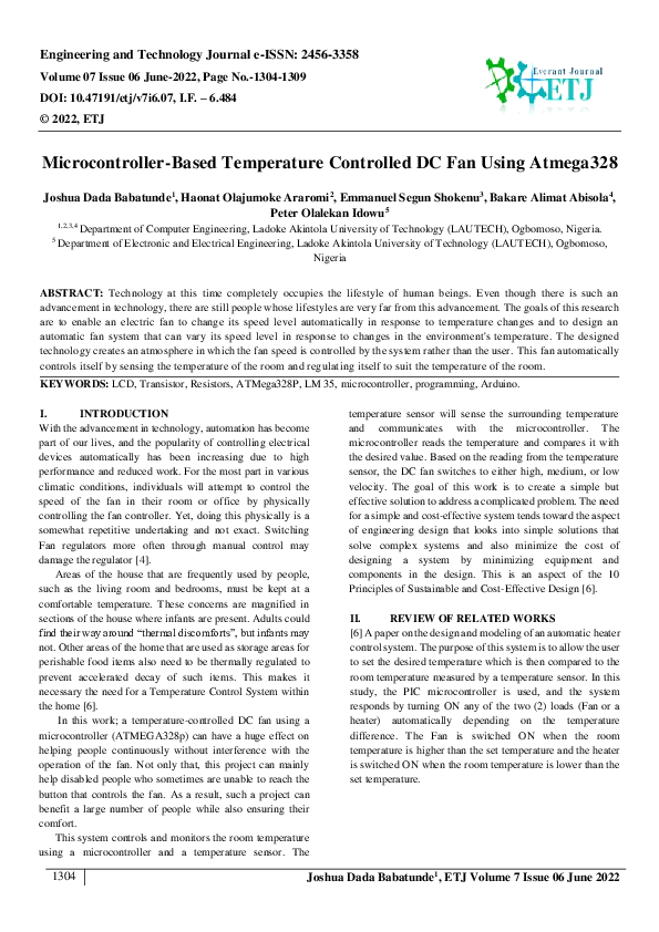 (PDF) Microcontroller-Based Temperature Controlled DC Fan Using ATMEGA328