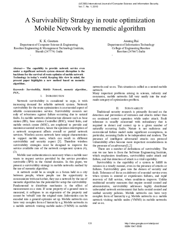 (PDF) A Survivability Strategy in Route Optimization Mobile Network by Memetic Algorithm