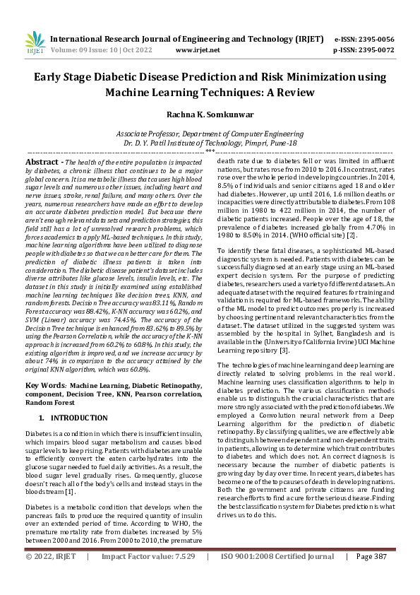 Pdf Early Stage Diabetic Disease Prediction And Risk Minimization Using Machine Learning