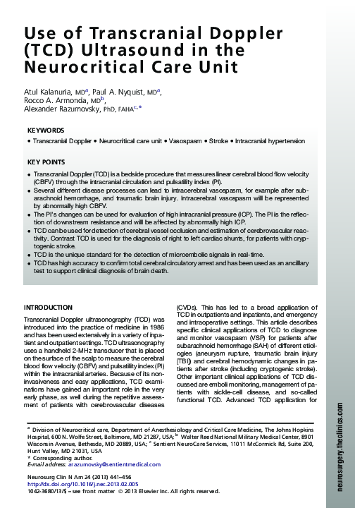 (PDF) Use of Transcranial Doppler (TCD) ultrasound in the Neurocritical ...