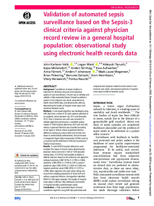 Pdf Validation Of Automated Sepsis Surveillance Based On The Sepsis 3
