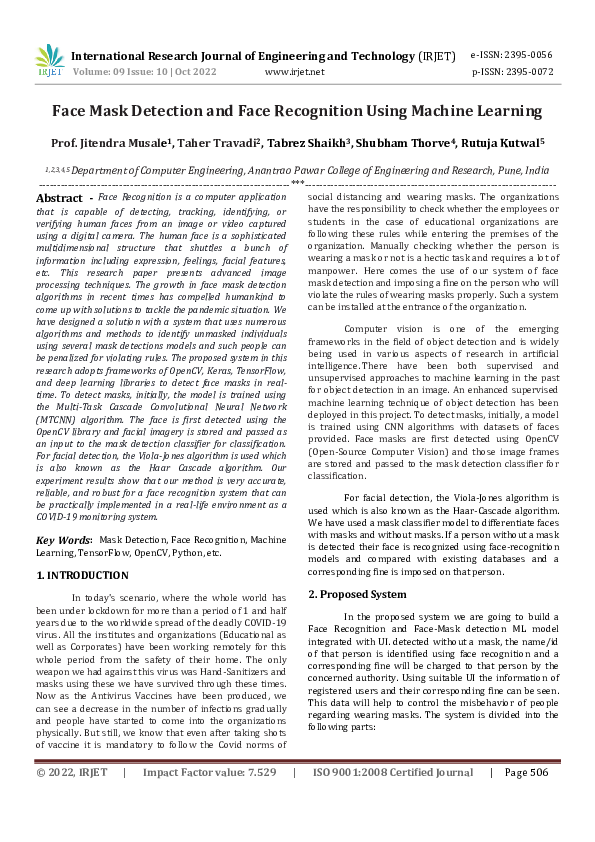 Pdf Face Mask Detection And Face Recognition Using Machine Learning