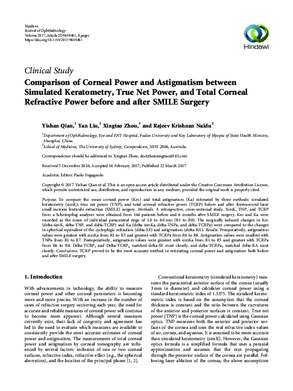 (PDF) Comparison of Corneal Power and Astigmatism between Simulated ...