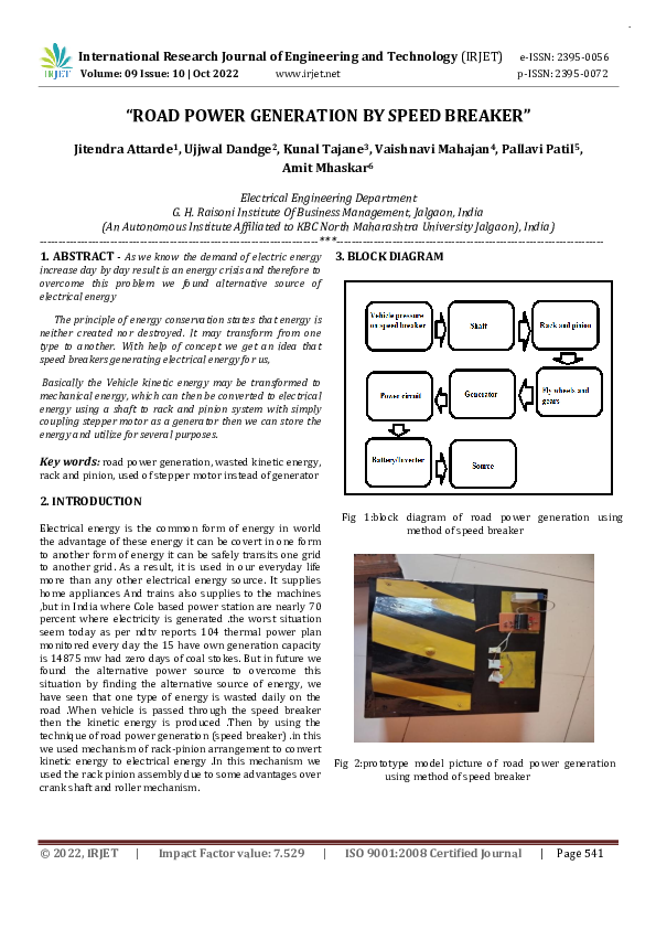 (PDF) "ROAD POWER GENERATION BY SPEED BREAKER"