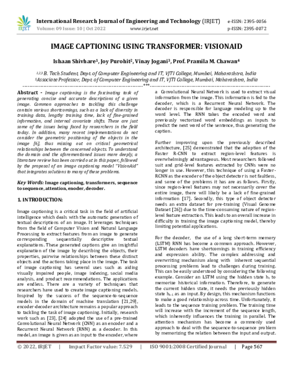 (PDF) IMAGE CAPTIONING USING TRANSFORMER: VISIONAID