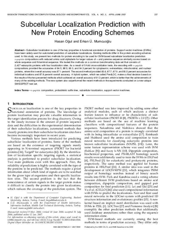 Pdf Subcellular Localization Prediction With New Protein Encoding Schemes