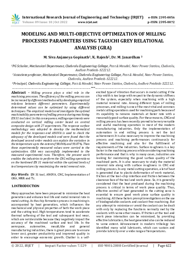 Pdf Modeling And Multi Objective Optimization Of Milling Processes Parameters Using Taguchi