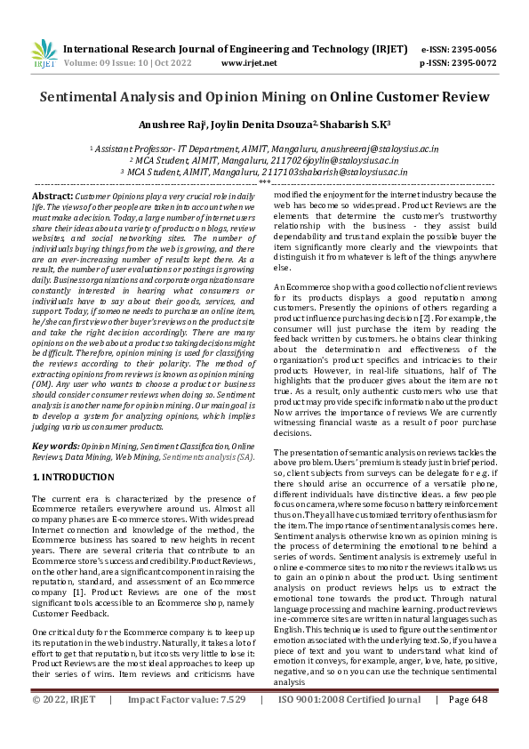 (PDF) Sentimental Analysis and Opinion Mining on Online Customer Review