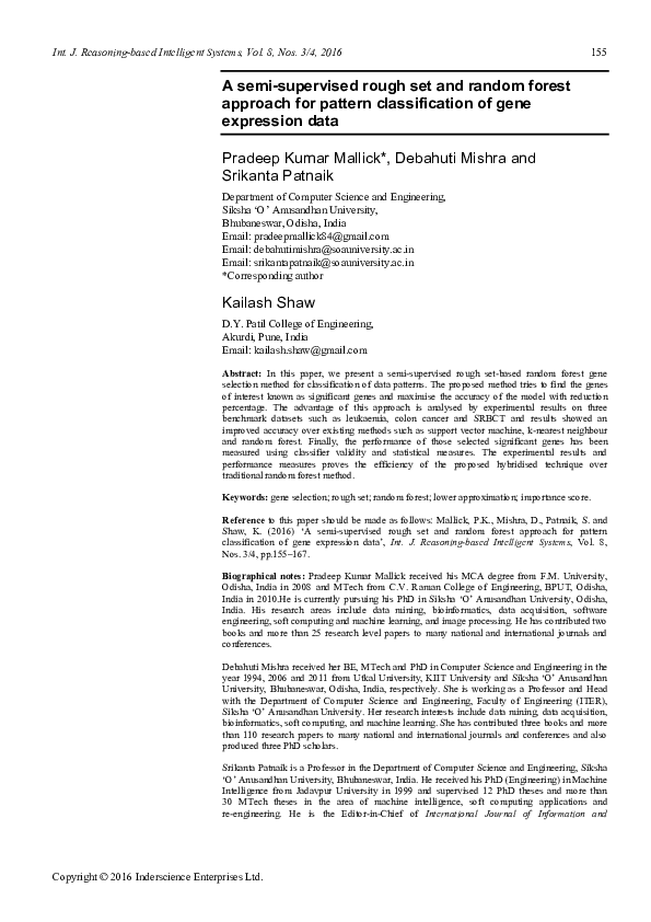 (PDF) A semi-supervised rough set and random forest approach for pattern classification of gene ...