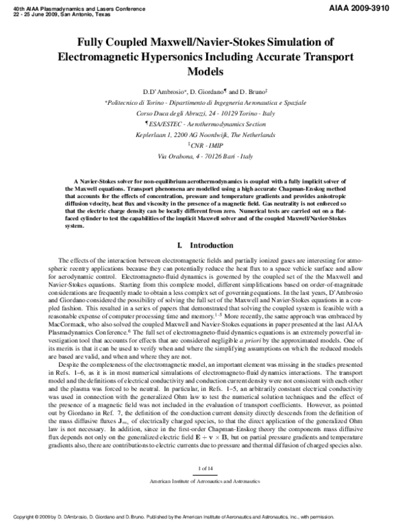 (PDF) Fully Coupled Maxwell/Navier-Stokes Simulation of Electromagnetic ...