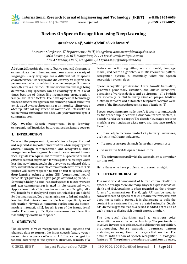 (PDF) Review On Speech Recognition using Deep Learning