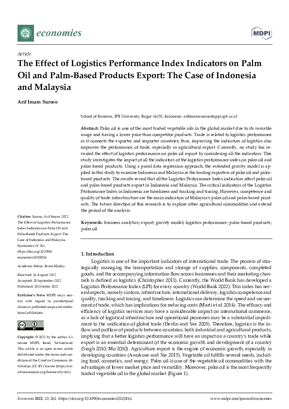 (PDF) The Effect of Logistics Performance Index Indicators on Palm Oil and Palm-Based Products ...