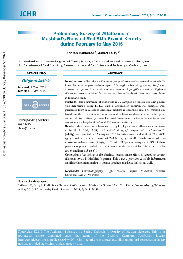 (PDF) Preliminary Survey of Aflatoxins in Mashhad’s Roasted Red Skin Peanut Kernels during ...