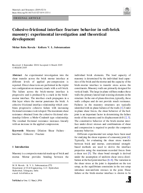 (PDF) Cohesive-frictional interface fracture behavior in soft-brick masonry: experimental ...