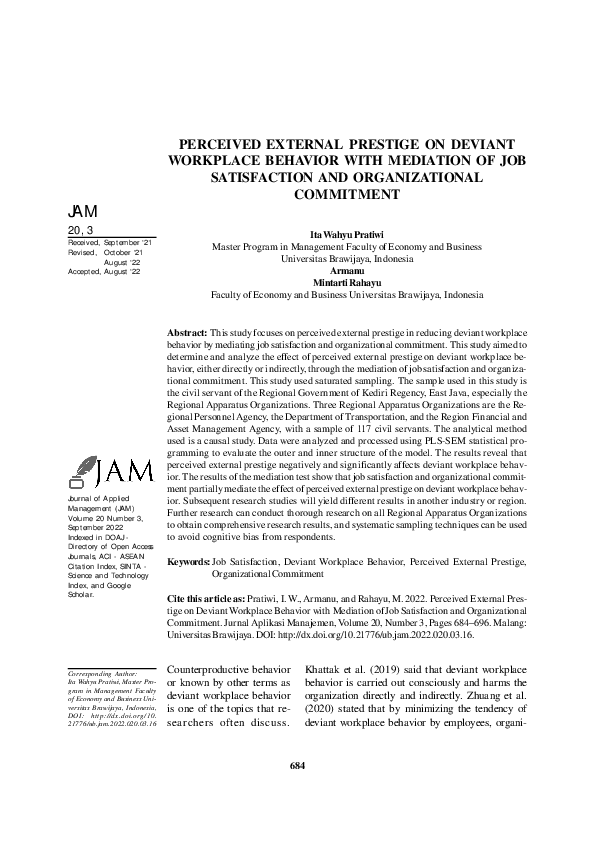 (PDF) Perceived External Prestige on Deviant Workplace Behavior with ...