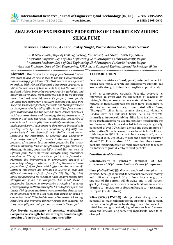 (PDF) ANALYSIS OF ENGINEERING PROPERTIES OF CONCRETE BY ADDING SILICA FUME