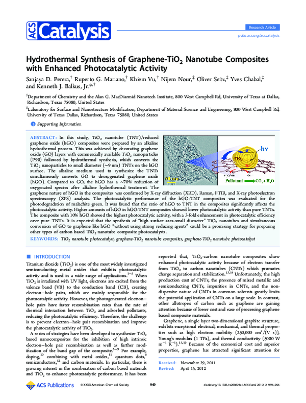 Pdf Hydrothermal Synthesis Of Graphene Tio2 Nanotube Composites With Enhanced Photocatalytic