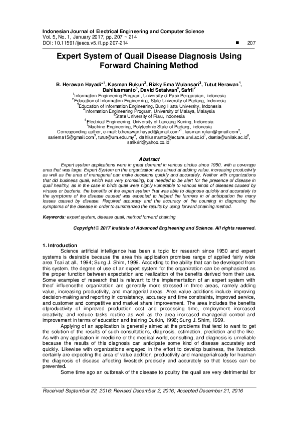 Pdf Expert System Of Quail Disease Diagnosis Using Forward Chaining Method
