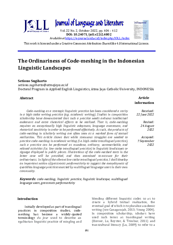 (PDF) The Ordinariness of Code-meshing in the Indonesian Linguistic ...