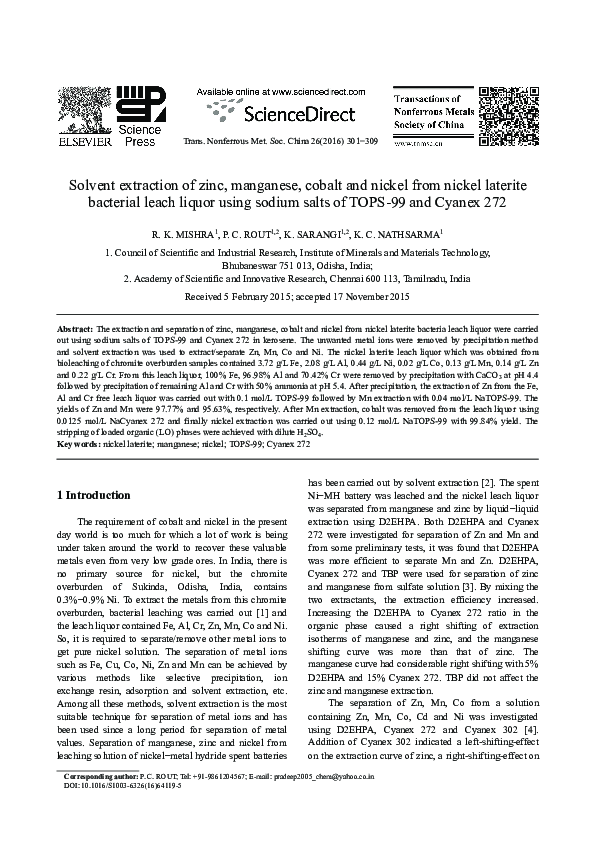 (PDF) Solvent extraction of zinc, manganese, cobalt and nickel from ...