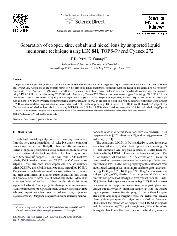 (PDF) Separation of copper, zinc, cobalt and nickel ions by supported ...