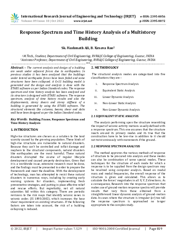 Pdf Response Spectrum And Time History Analysis Of A Multistorey Building
