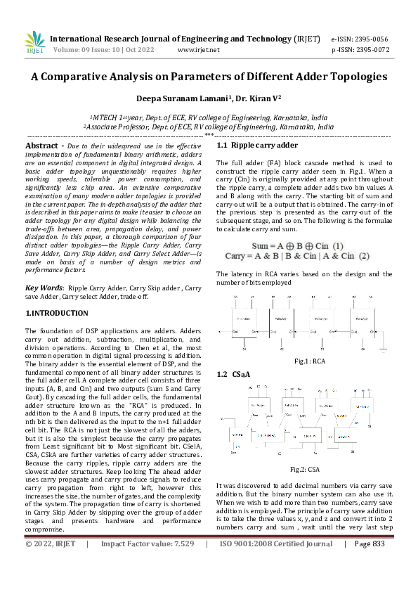 Pdf A Comparative Analysis On Parameters Of Different Adder Topologies