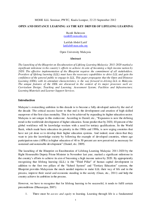 (PDF) Open and distance learning as the key driver of lifelong learning
