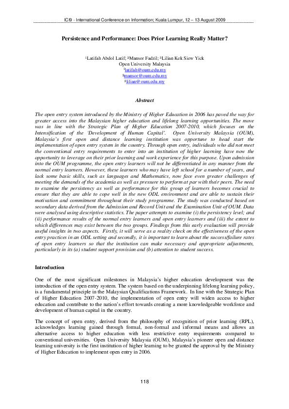 (PDF) Persistence and Performance: Does Prior Learning Really Matter?